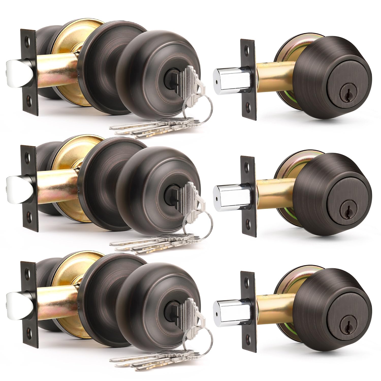 Keyed Alike Front Door Knob and Deadbolt Set, 3 Pack Entry Door ...