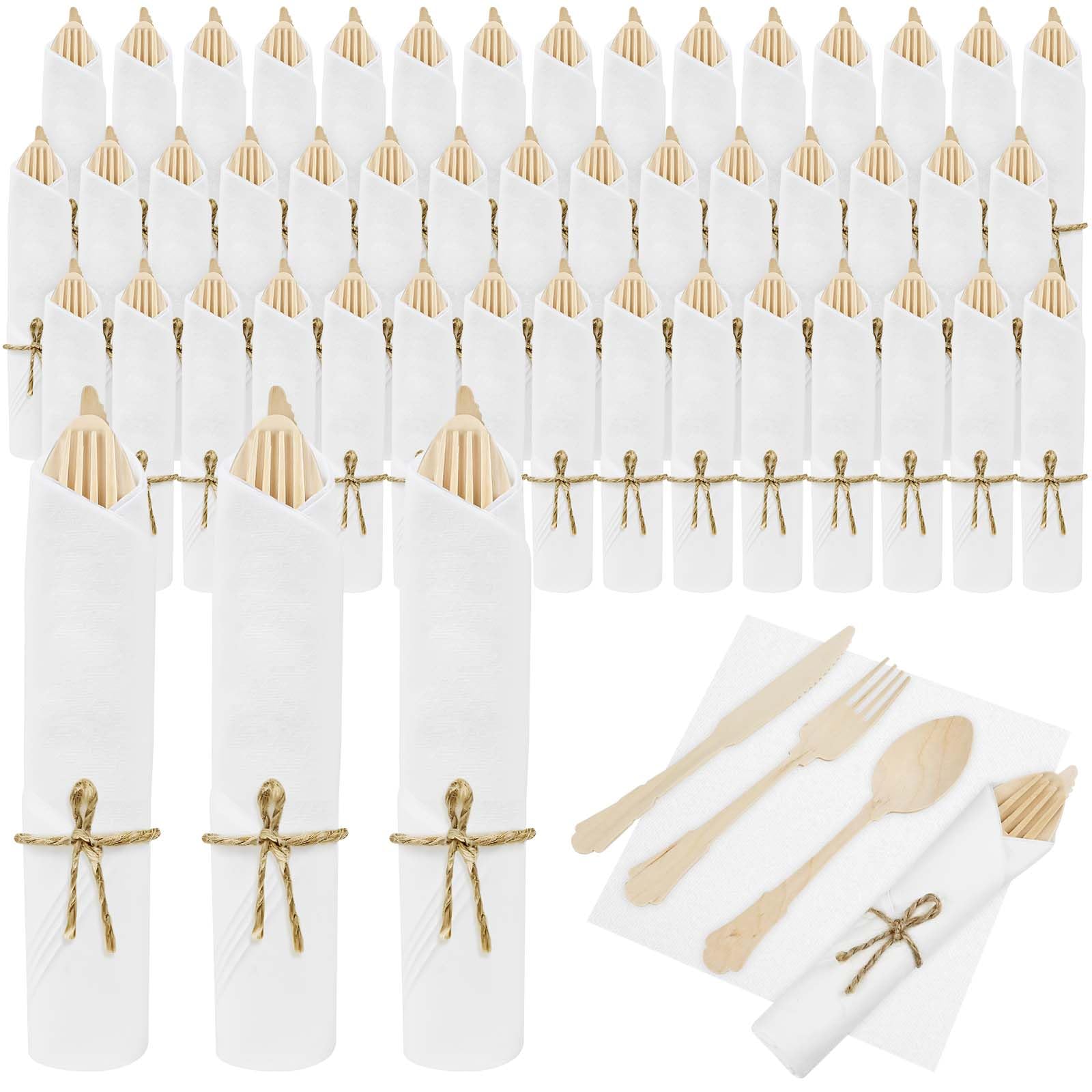 Amazon.com | 100Pack Pre Wrapped Disposable Wooden Cutlery - Pre Rolled ...