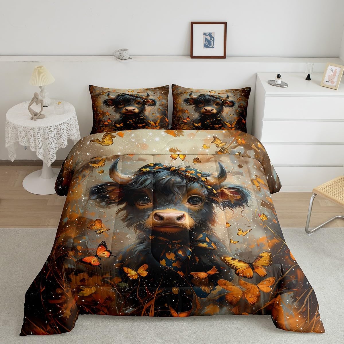 Amazon.com: Feelyou Highland Cow Comforter Set for Girls Boys Kids King Size Maple Leaves ...