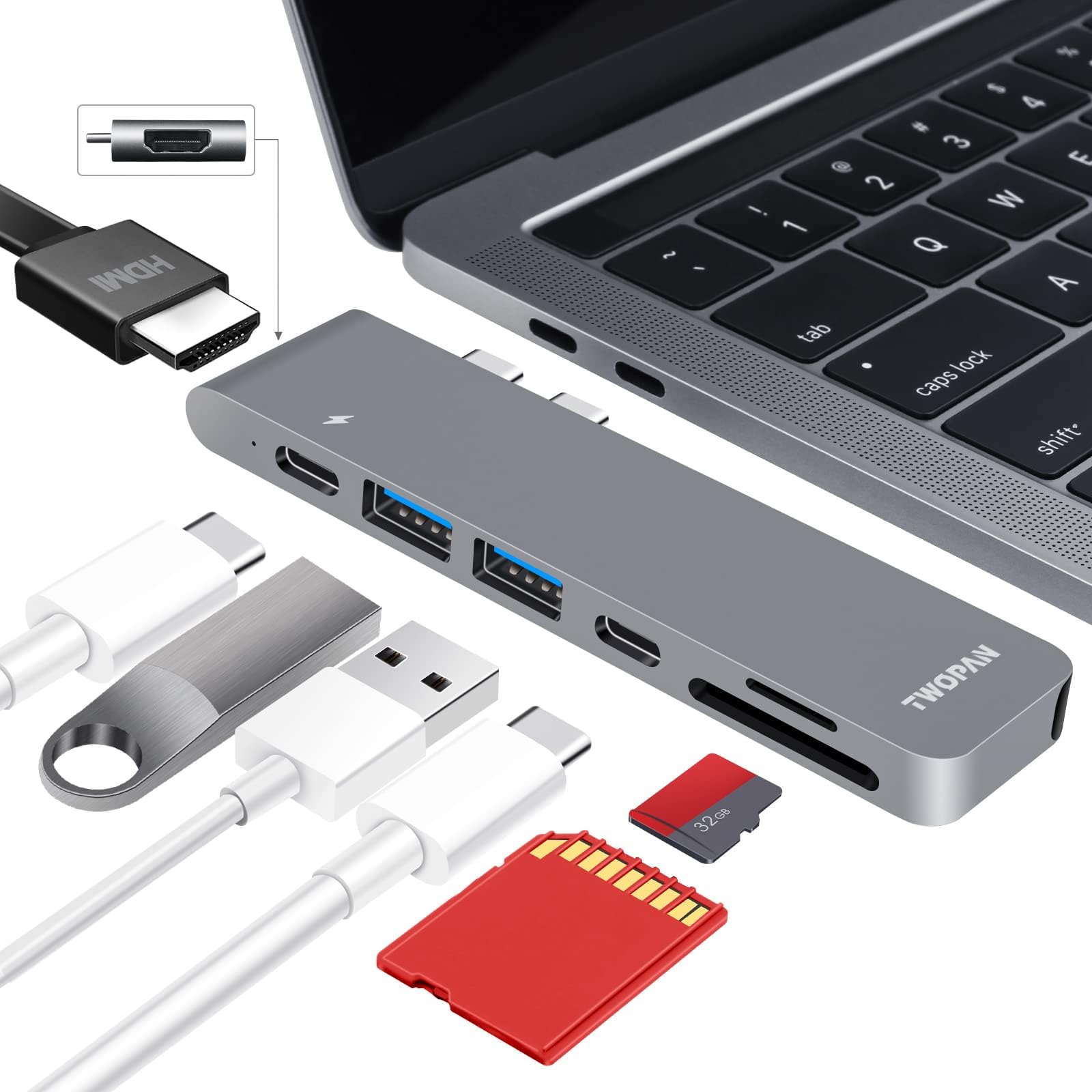 TWOPAN MacBook Pro USB C Hub, 7 in 2 USB Port Hub 3.0 Multiport MacBook ...
