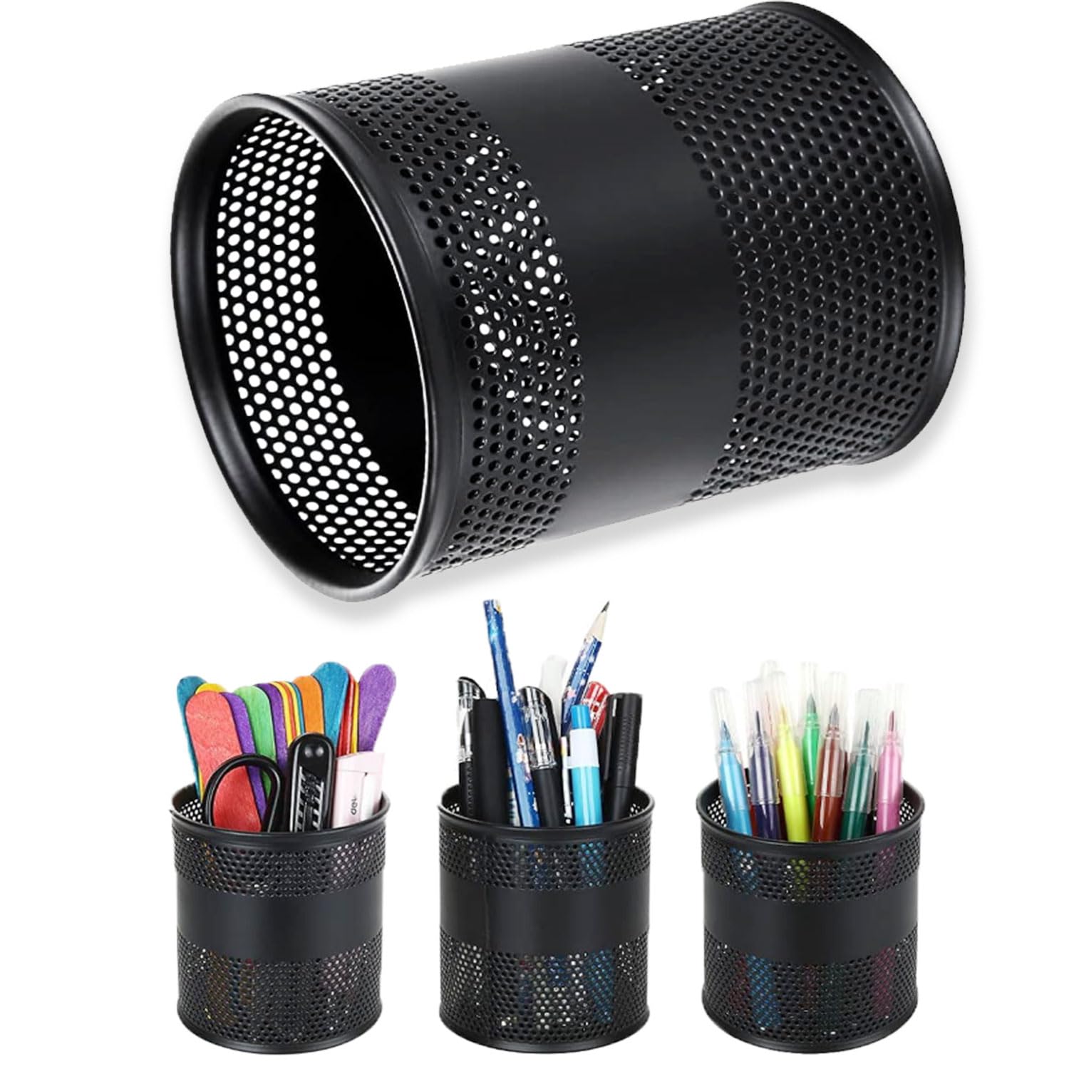 AKOLAFE 4 Pack Pen Pots for Desk, Black Pen Pot Holder, Round Desktop ...
