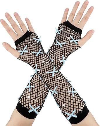 Amazon.com: Fishnet Gloves, Fishnet Sleeves,Black Light Blue Rhinestone ...