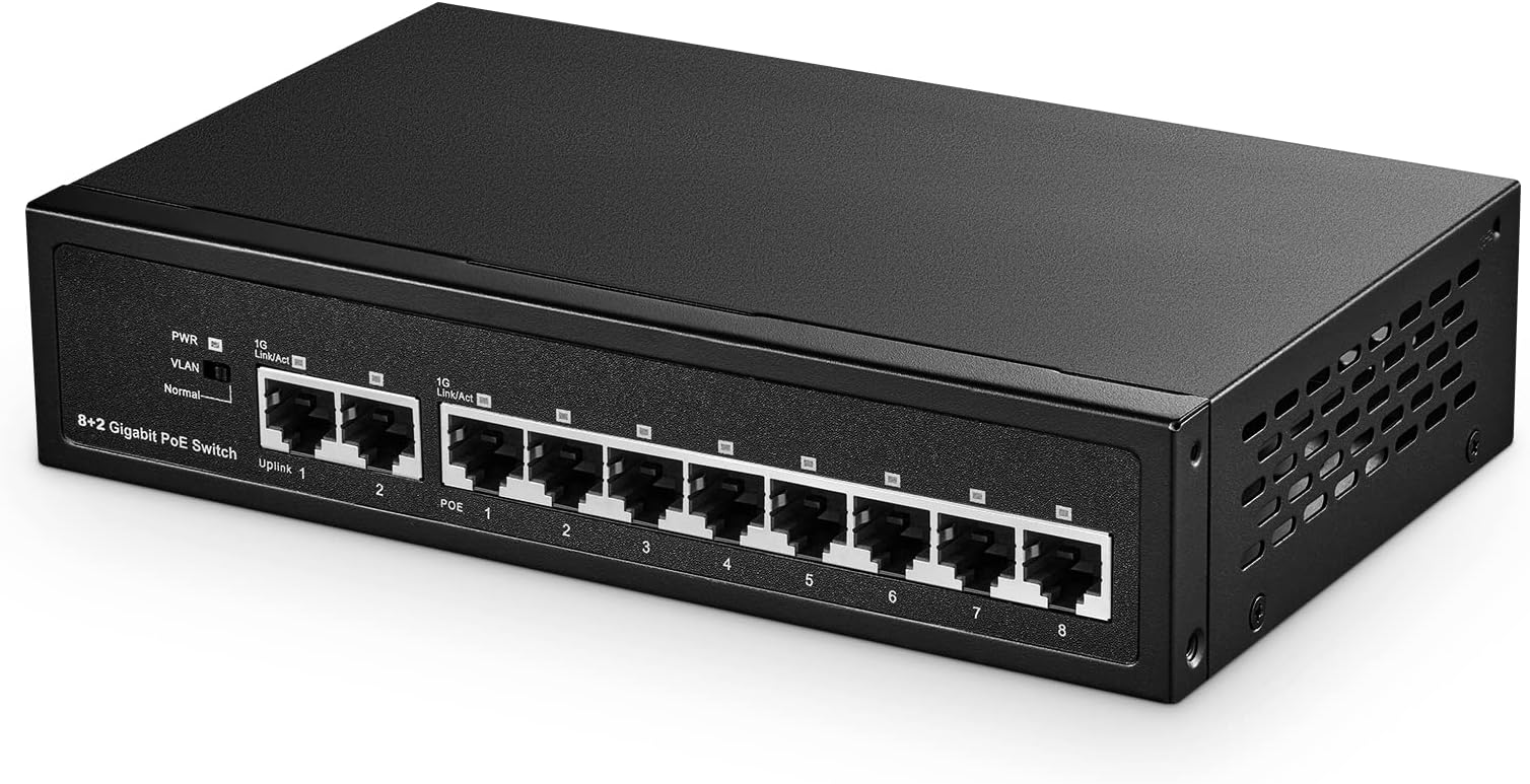MokerLink 12 Port Gigabit PoE Switch, 8 GE PoE+, 2 GE Uplink, 2 Gigabit ...