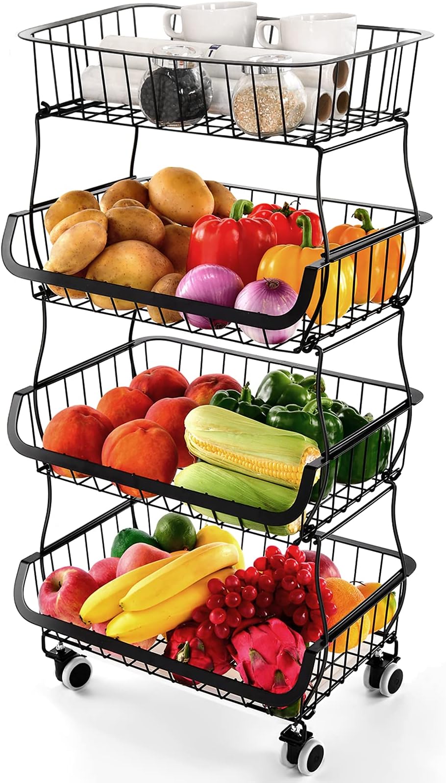 Amazon.com - Metal Wire Baskets With Wheels 6 Tier Stackable Fruit ...