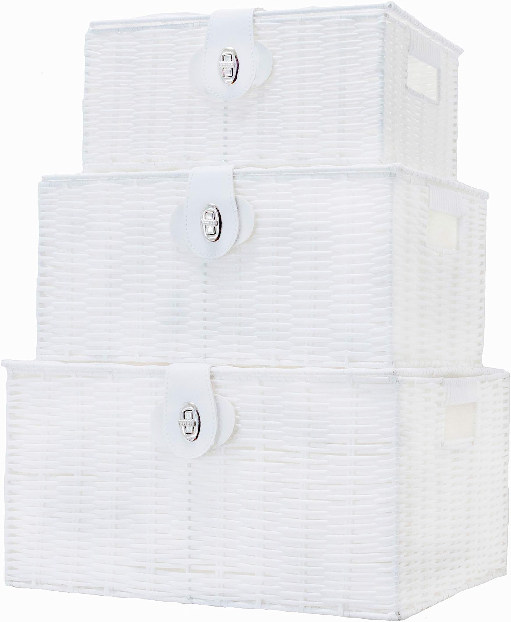Arpan Set of 3 Resin Woven Storage Basket Box With Lid & Lock (White ...