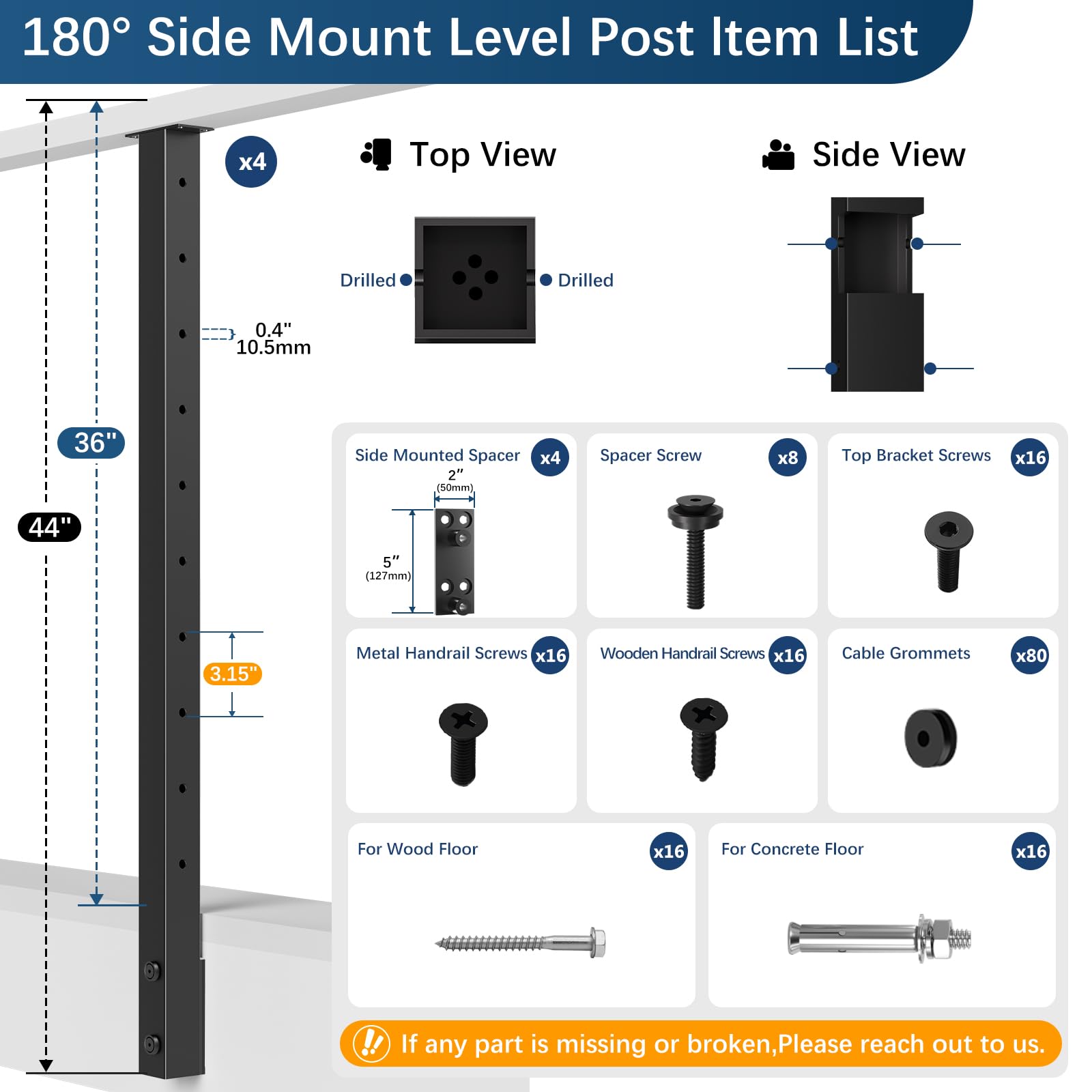 Snapklik.com : 36" Side Mount Cable Railing Post, 4 Pack Level Space ...