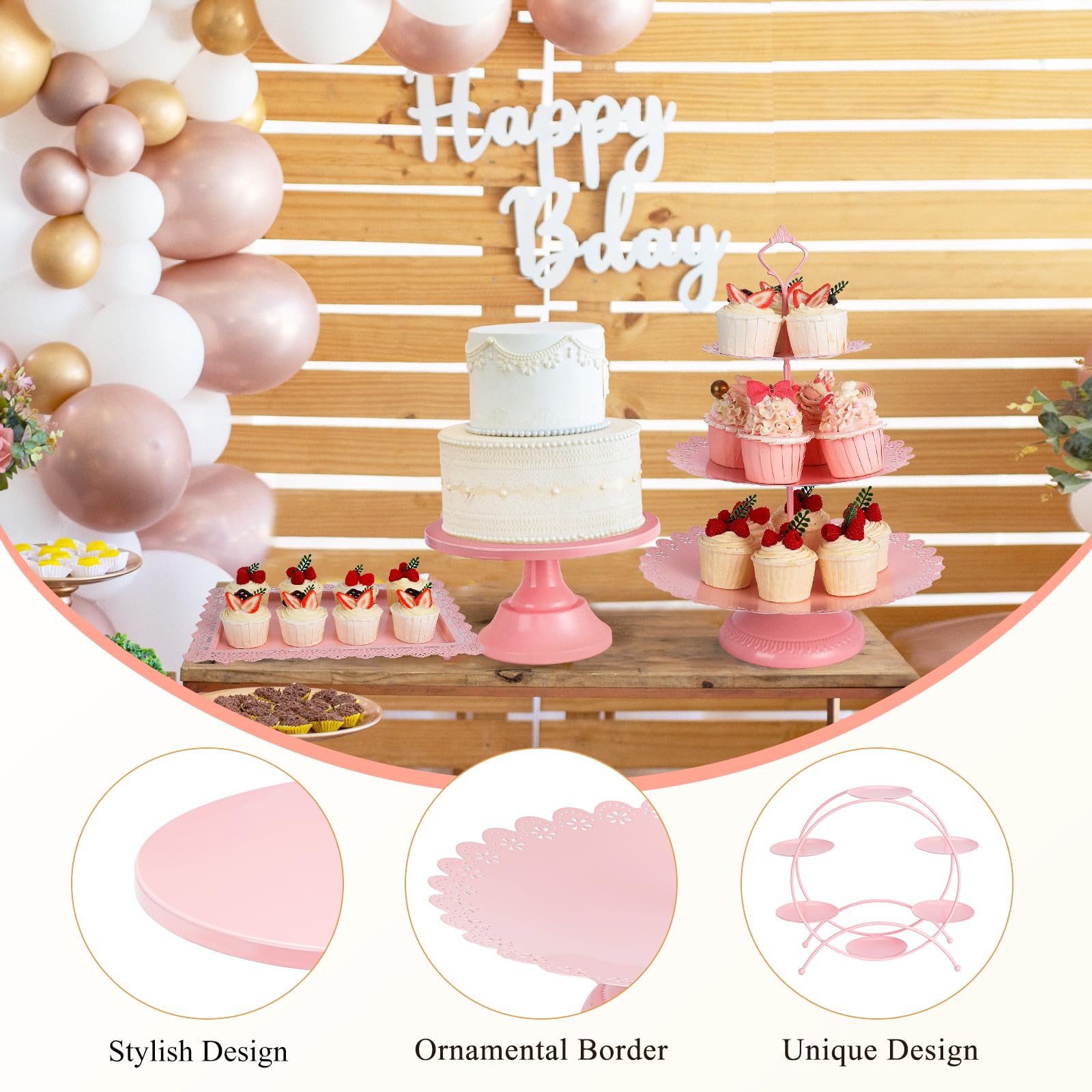 7Pc Cake Stand Pink Dessert Table Display Set Metal Round Tiered Pink ...