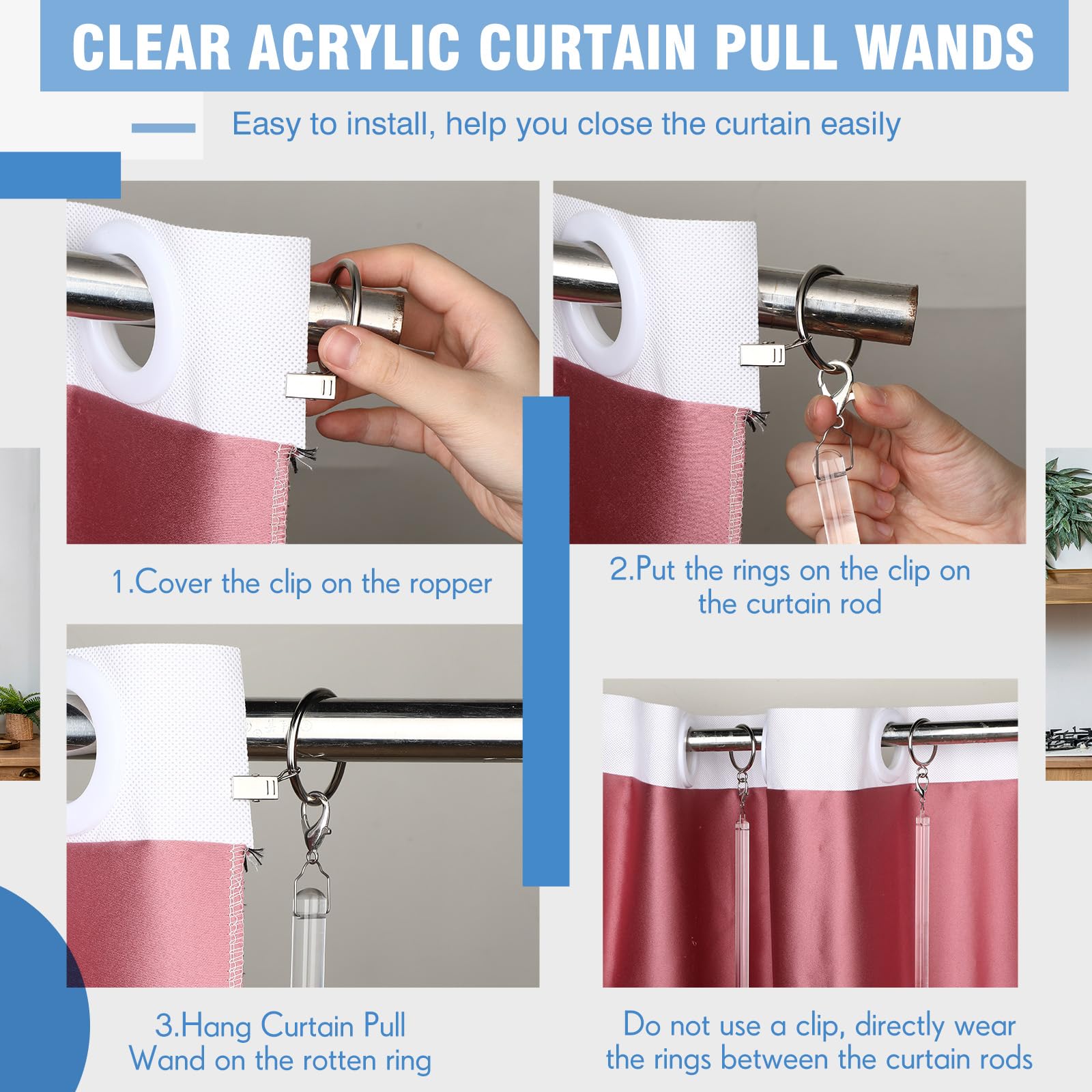 4 Pcs Acrylic Drapery Pull Rod Clear Curtain Pull Wand Invisible ...
