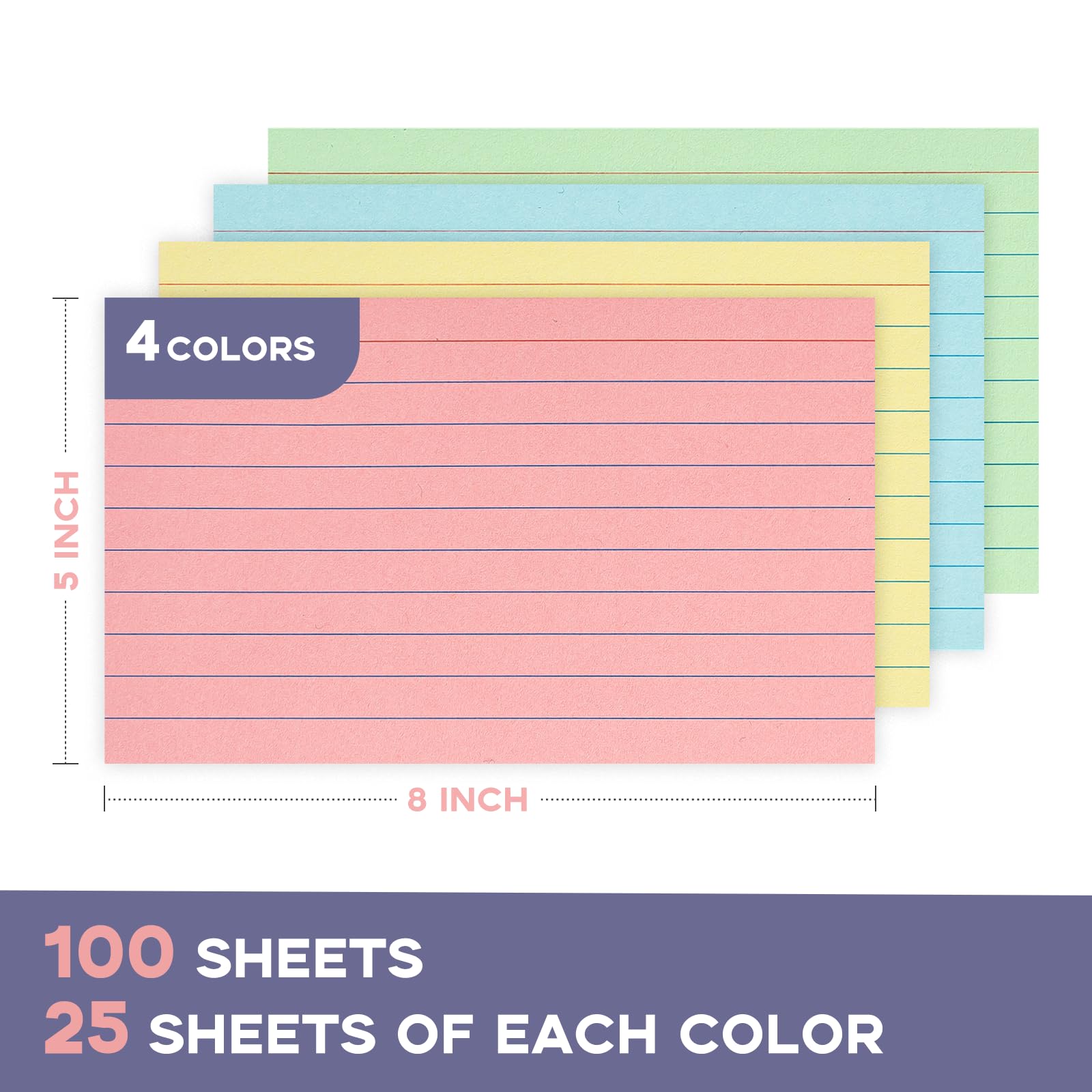 Snapklik.com : Colored Index Cards 5x8 100Pcs, Ruled Flashcards, 4 ...
