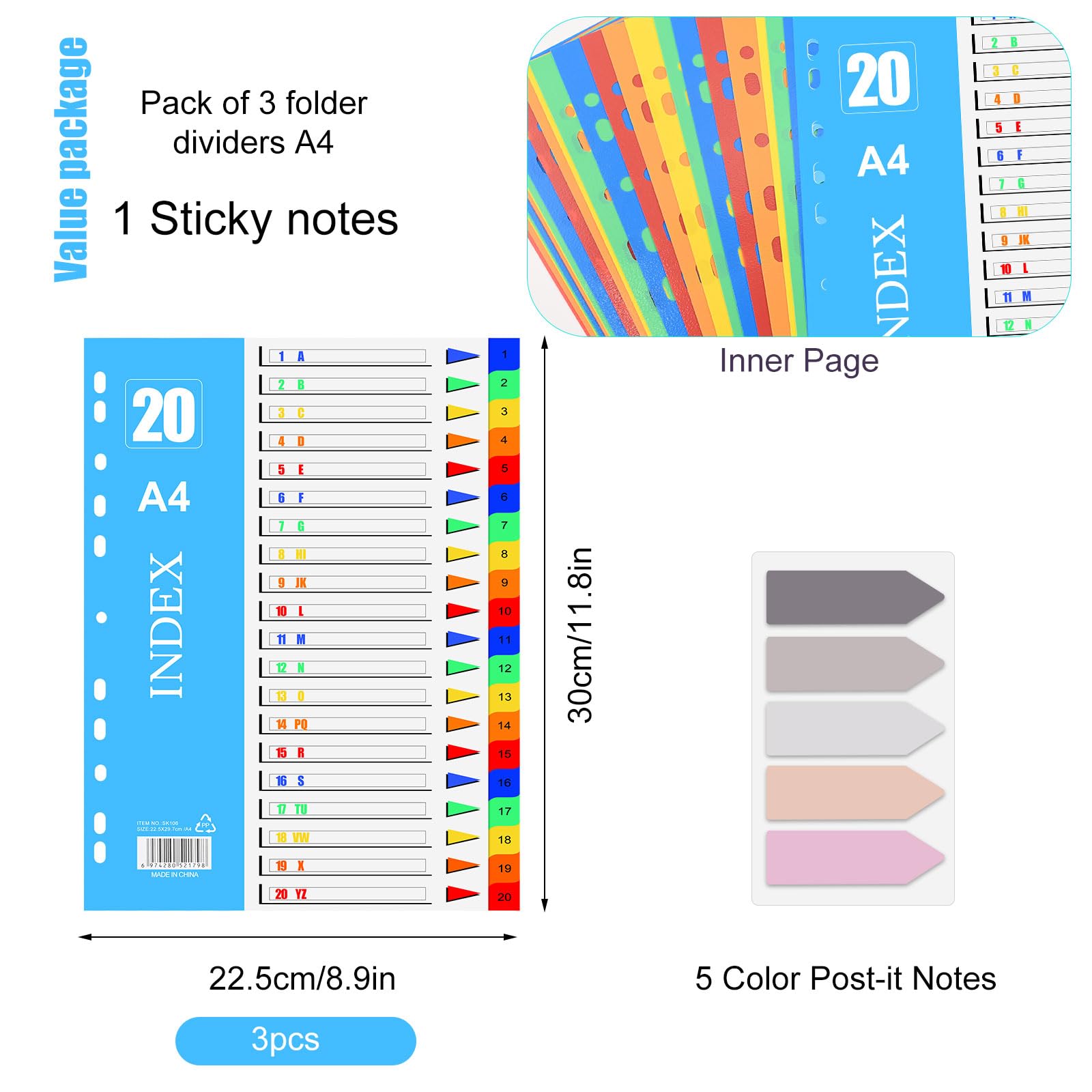 File Dividers A4, 3 Pack 20 Part Folder Dividers A-Z Coloured Plastic ...