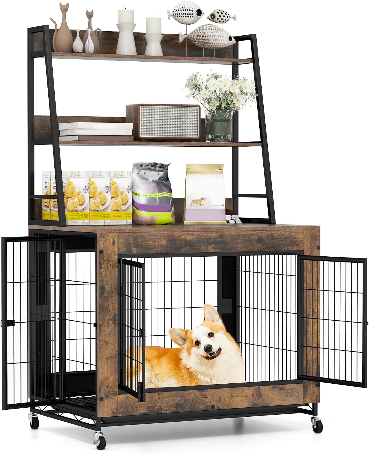 COSTWAY Dog Crate Furniture, Wooden Dog Cage on Wheels with Storage ...