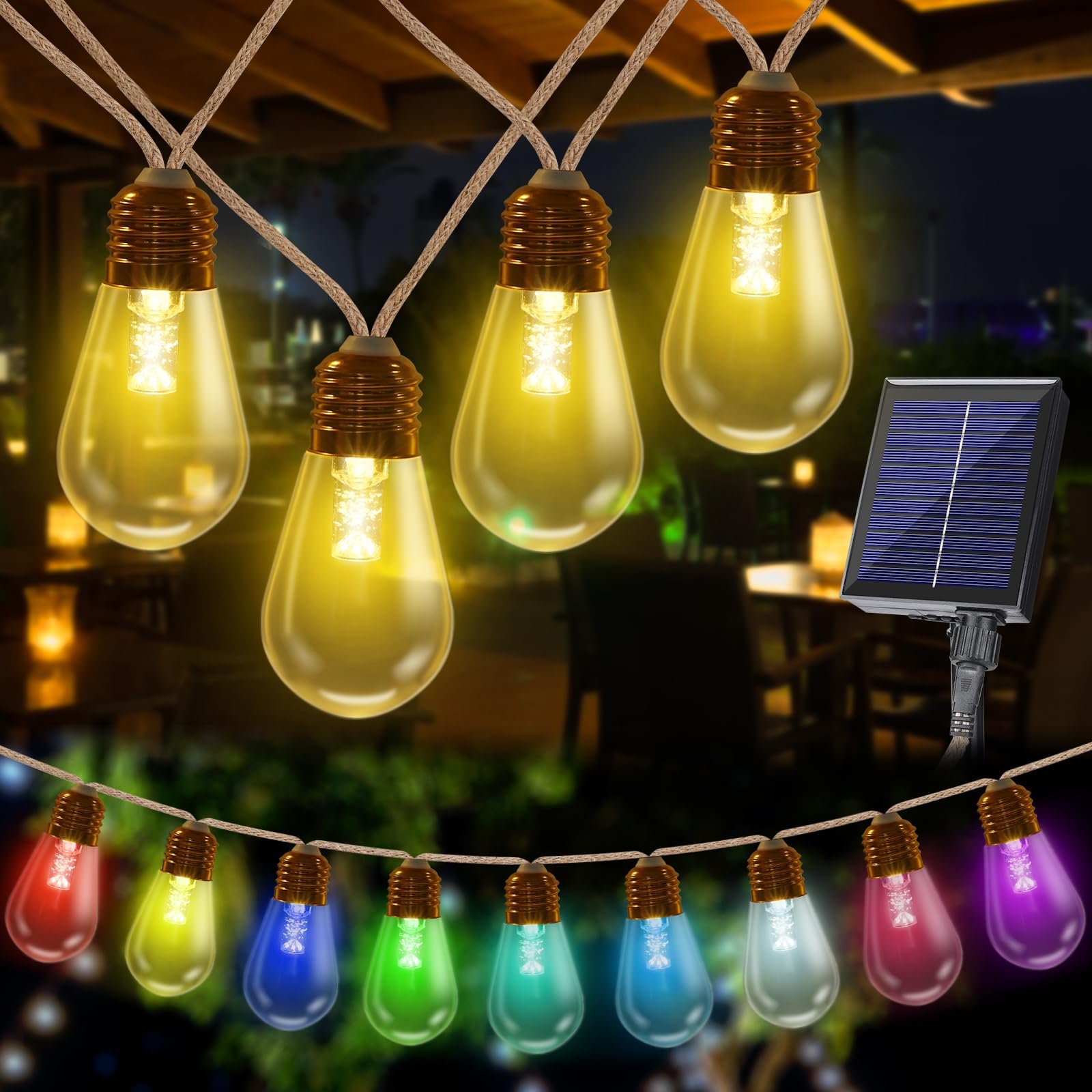 Solar String Lights Outdoor, 20Ft Vintage Rope Hemp Color Change Patio ...