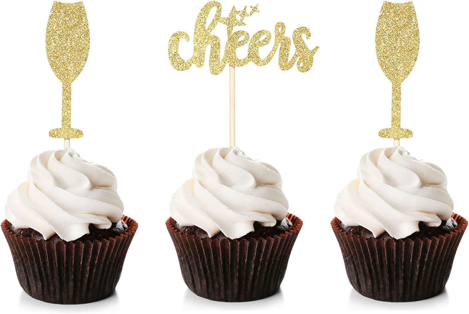 Blumomon 24Pcs Gold Glitter Cheers Cupcake Toppers Wine Glass Cake ...