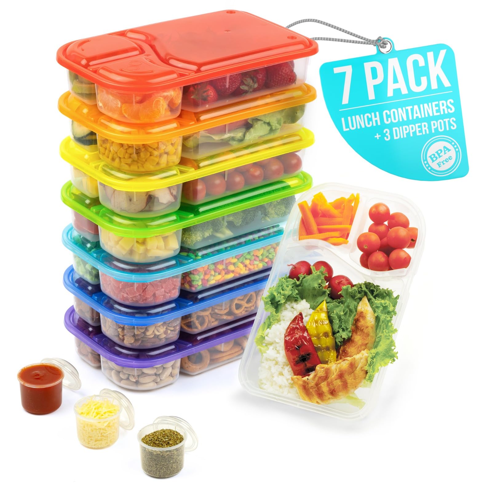 SANOEARTH Bento Lunch Box | 3 Compartment Lunch Containers | 7 Pack ...