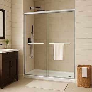 Shower Door Double Sliding，44-48" W x 72" H Semi-Frameless Sliding Glass Shower Door with 1/4 ...