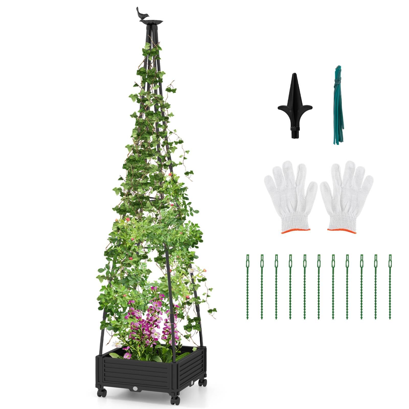 COSTWAY Rolling Garden Planter with Trellis, 206cm Planter Box Obelisk ...