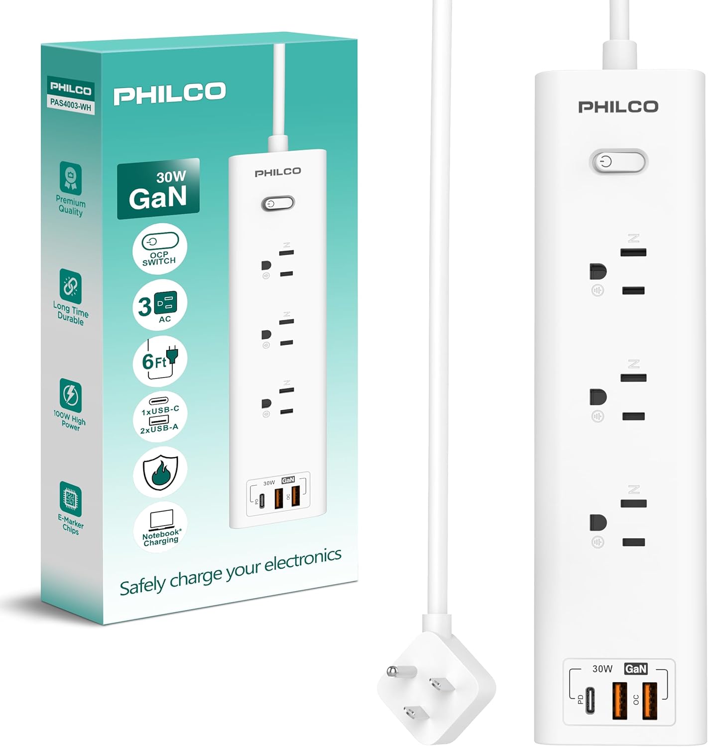 Power Strip with 3 AC Outlets, 30W USB-C Port, 2 USB-A Ports & 6ft ...