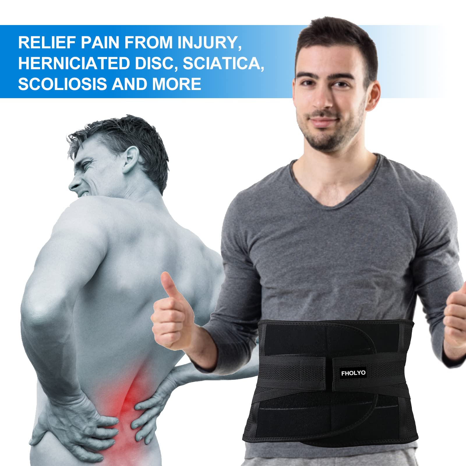 FHOLYO Back Brace for Lower Back Pain Relief, Breathable Lumbar Support ...