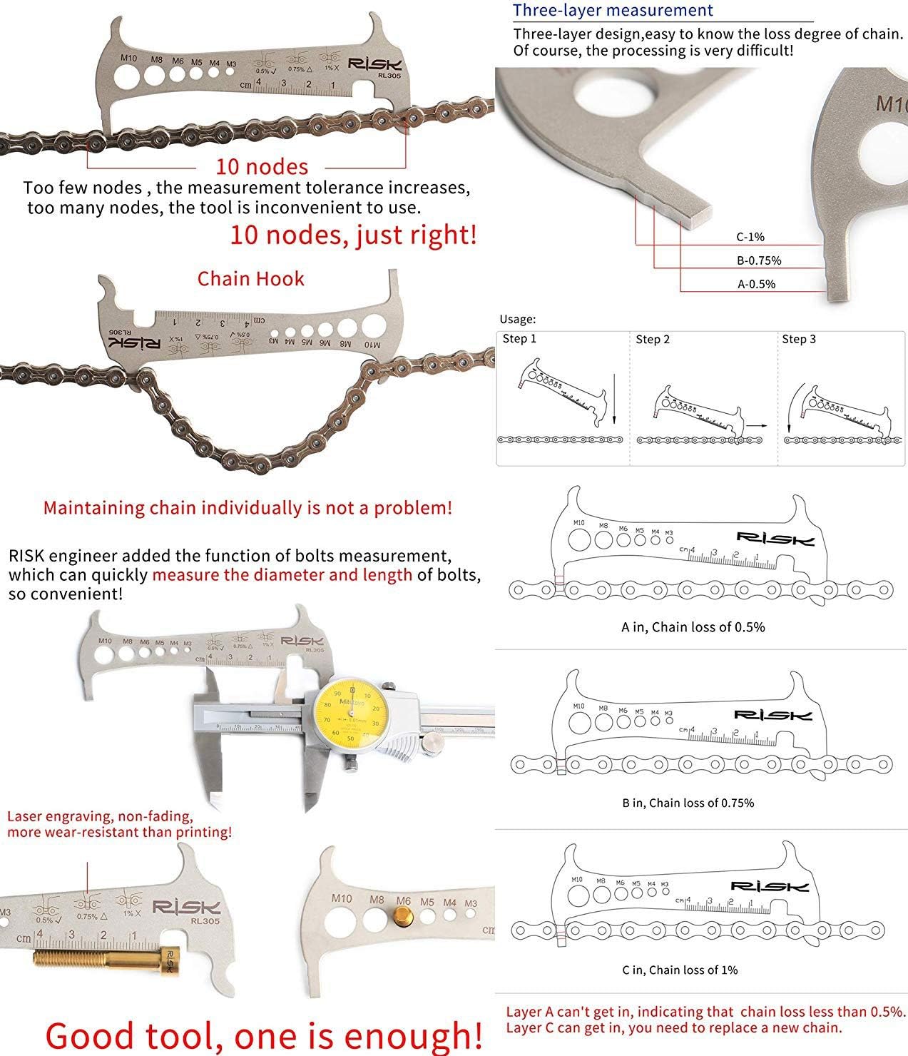 TuoTu 3 in 1 Bicycle Bike Chain Wear Indicator Chain Checker Tool Bolt ...