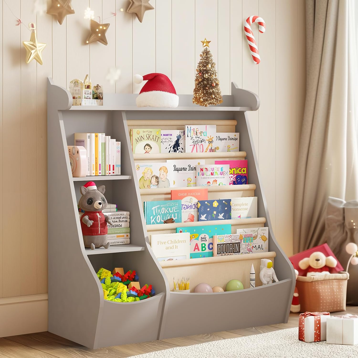 Amazon.com: Generic Gray 4 Tier Kids Wooden Bookshelf, 4 Layer Sling ...
