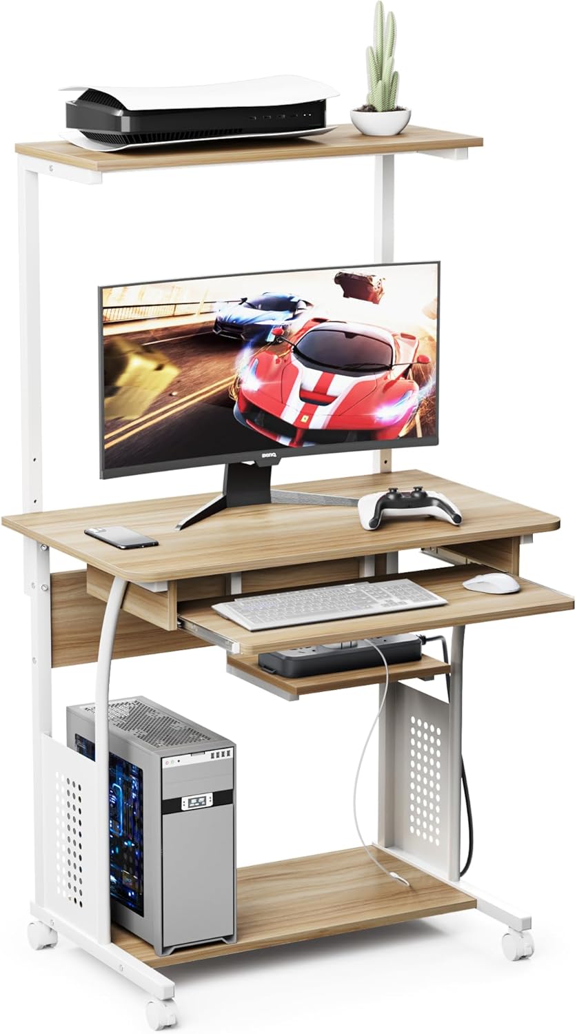 Amazon | DEWEL パソコンデスク 幅80 pcデスク ゲーミングデスク 収納ラック付き 木製 机 テーブル 木目柄 キャスター付き スライド キーボードテーブル付き PCラック 省 ...