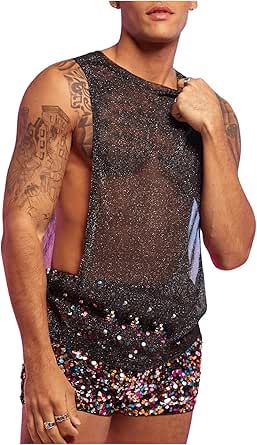 Amazon.com: OYOANGLE Men's Glitter Sparkly Mesh Sheer Sleeveless Open ...