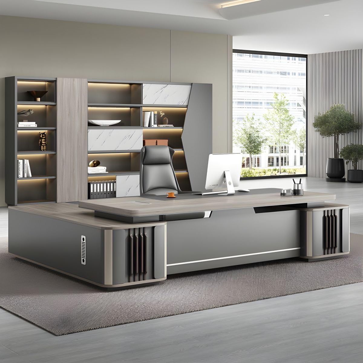 Amazon.com: KWOKING Gray L-Shape Executive Desk Drawers & Exterior ...