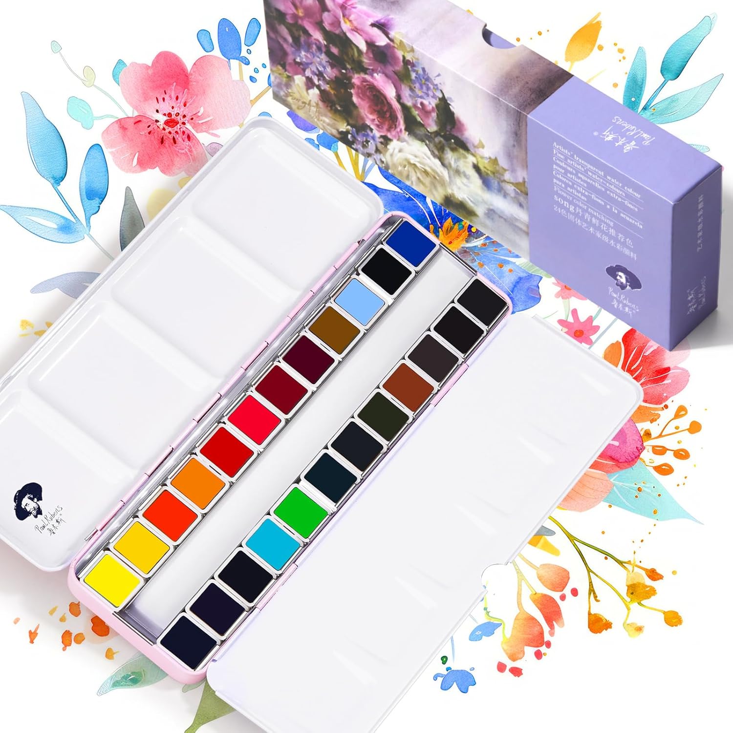 Paul Rubens Watercolour Paint Set, 24 Vibrant Floral Colors Artist ...