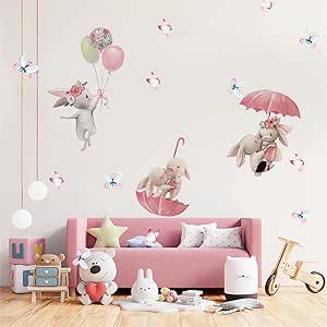 Amazon.com: Cute Pink Bunny Butterfly Wall Stickers, sacinora Cartoon ...