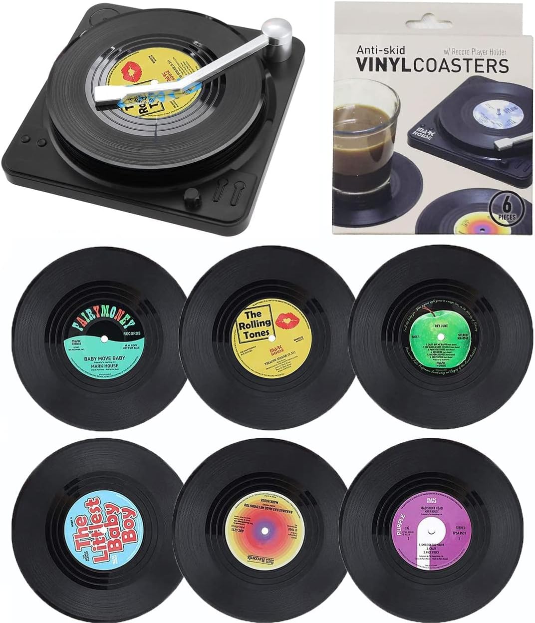 homEdge Vinyl Record Coasters, 6 Pieces of Retro Style Vinyl Coasters ...