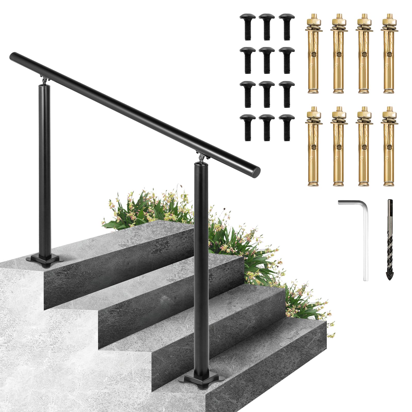 Snapklik.com : Handrail For Outdoor Steps, 3-4 Steps Black Round ...