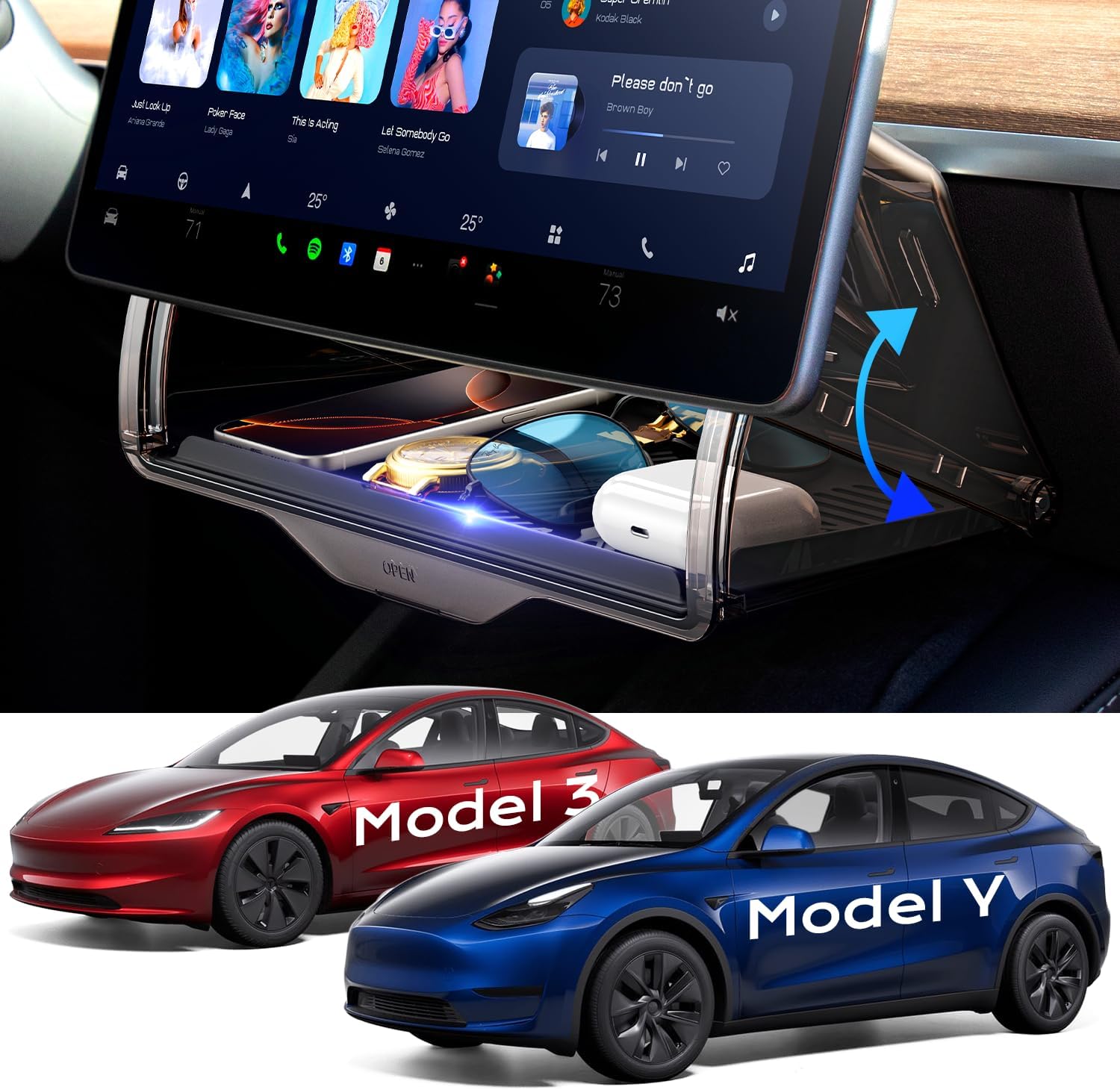 Amazon.com: TAZENI Under Screen Storage Model Y Model 3, Hiddenable ...