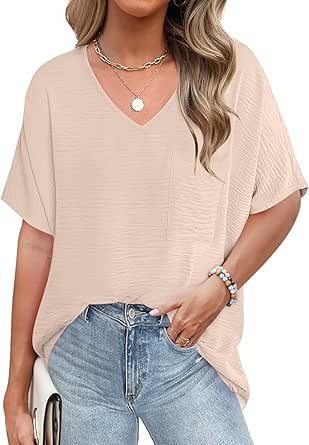 ANRABESS Women's Oversized T Shirts Short Sleeve V Neck Summer Tops ...