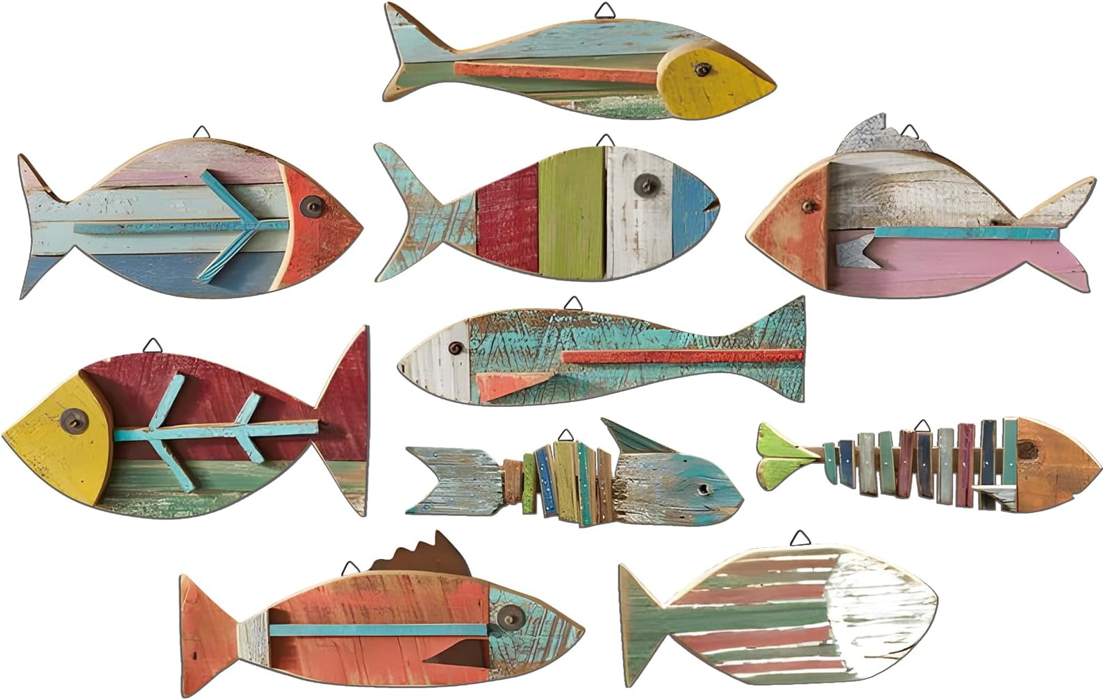 Amazon.com: Yuntau 10 Pcs Wooden Fish Wall Decor Wood School of Fish ...