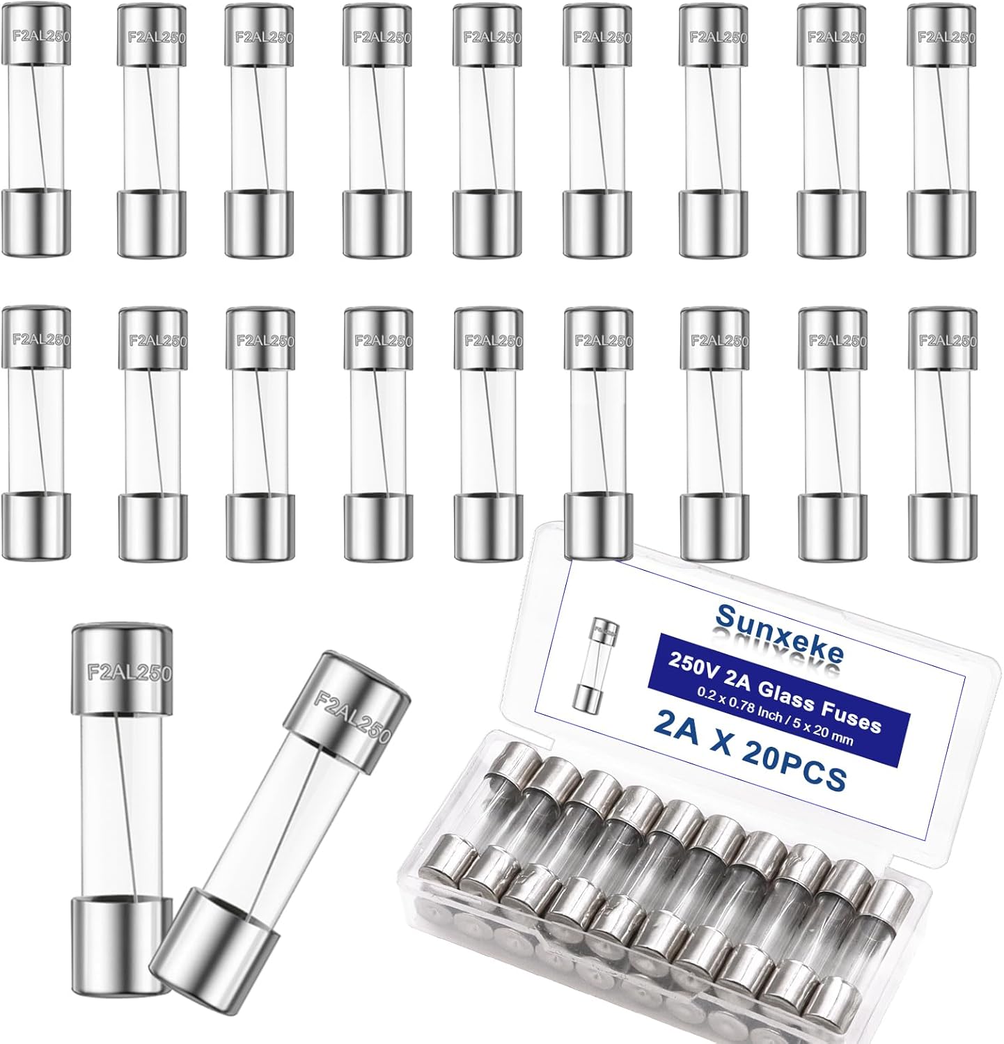 Sunxeke 20PCS F2AL250V 5 x 20mm Fast Blow Glass Fuses 2A 2Amp 250V ...