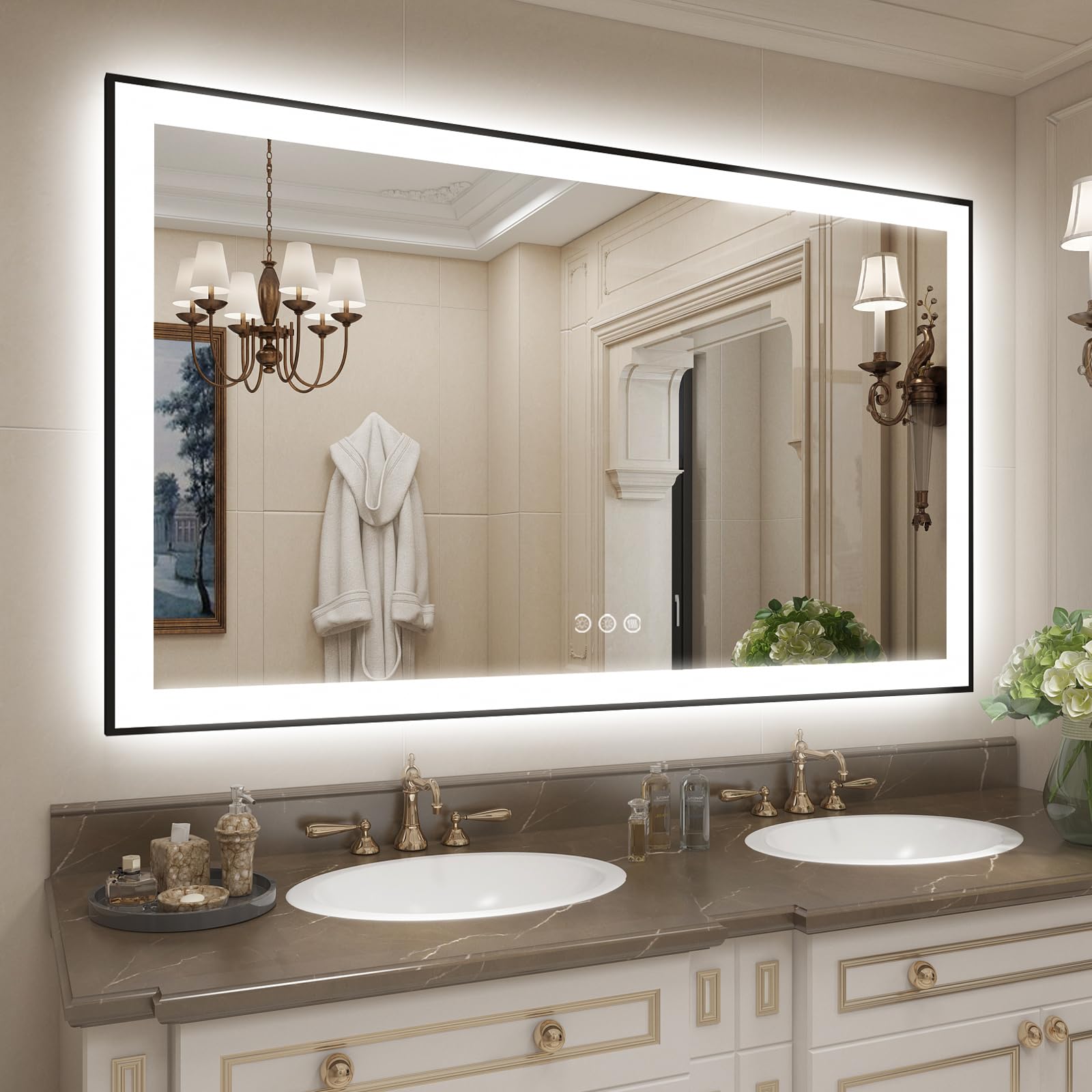 Amazon.com: SMIROR LED Bathroom Mirror 57x36, Matte Black Framed ...