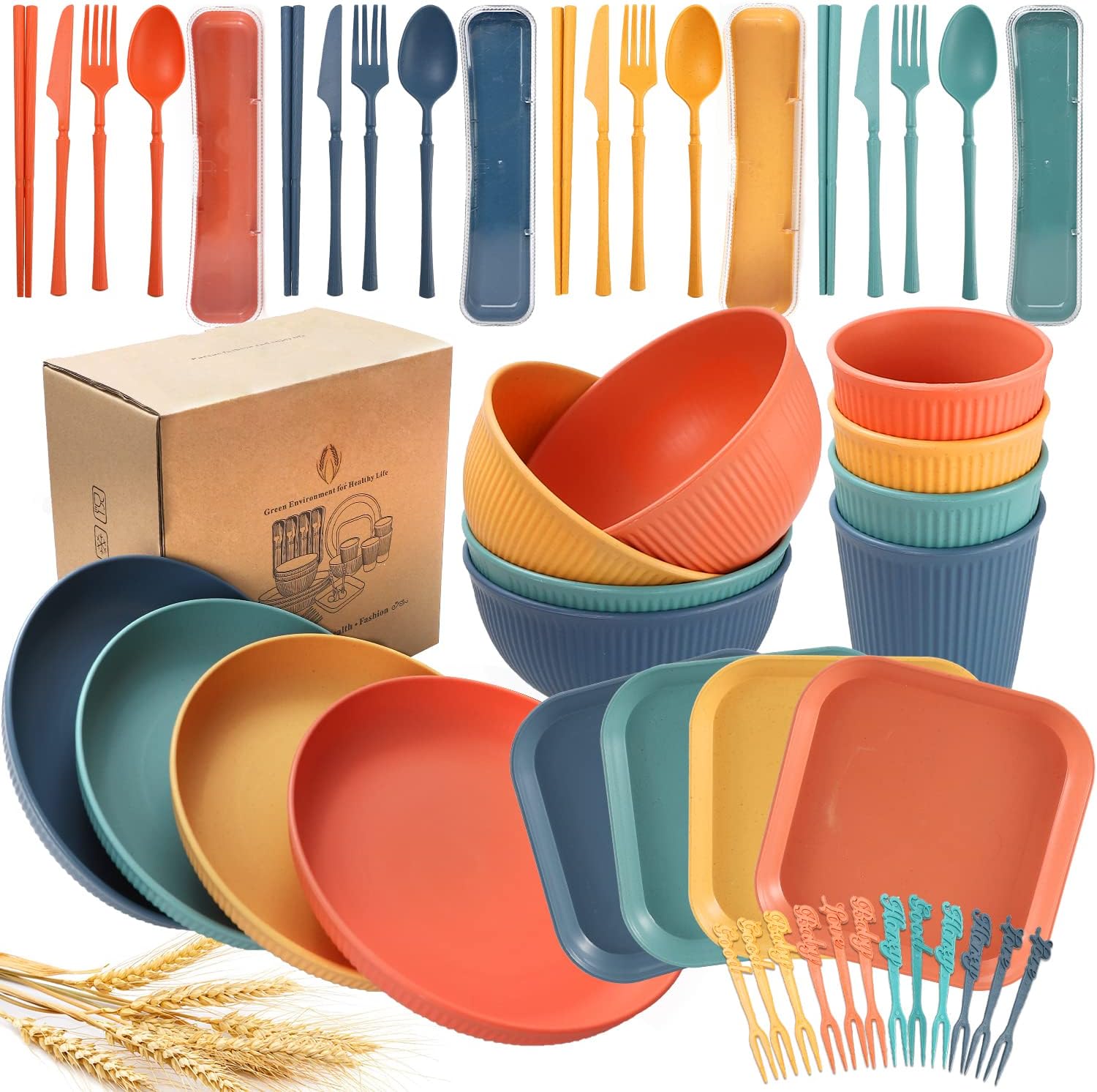 Amazon.com | KAMJUNTAR Wheat Straw Dinnerware Set for 4 (52pcs ...