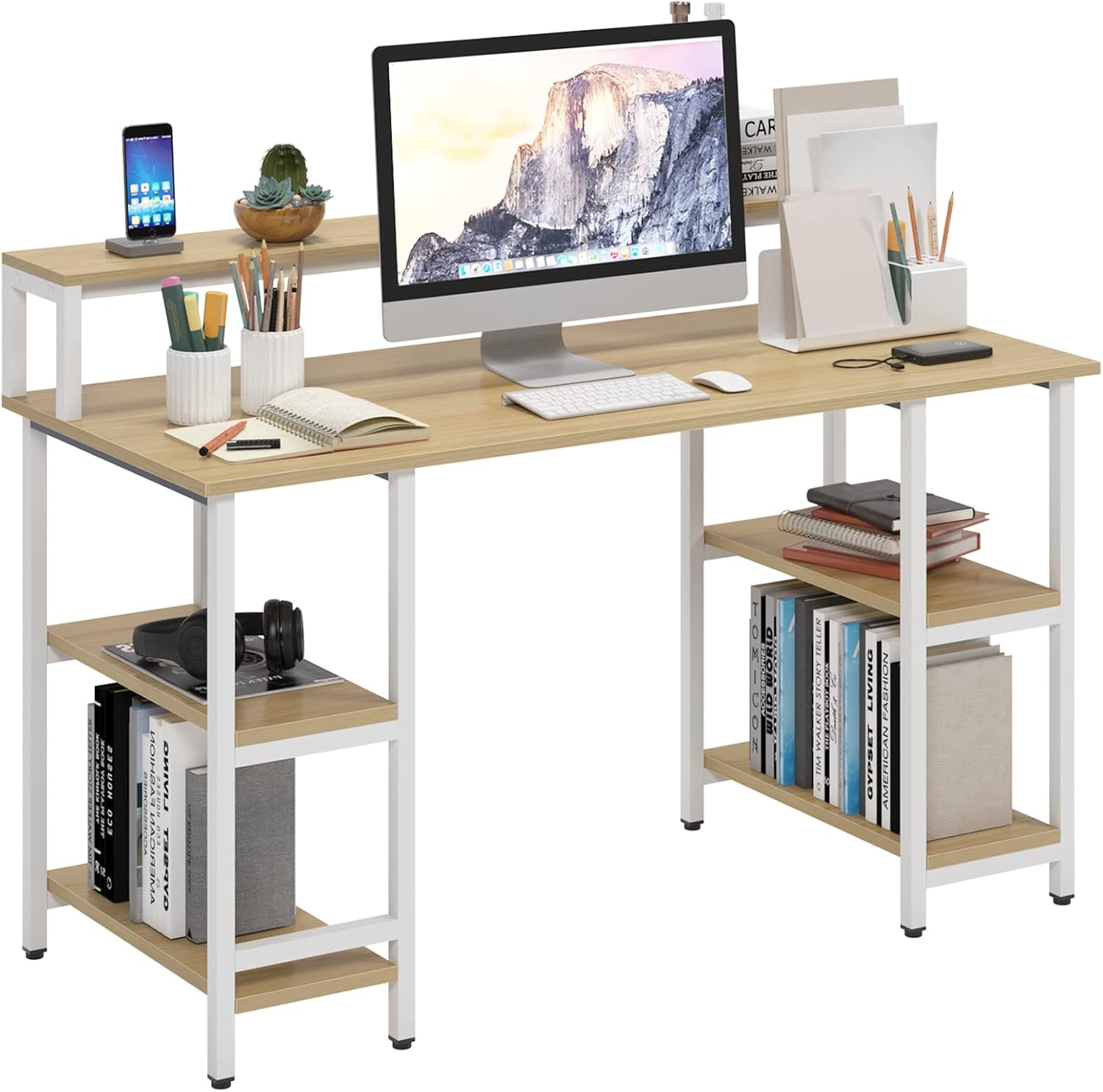 SogesHome Schreibtisch 140 cm mit Regalen Bürotisch Computertisch Officetisch Arbeitstisch aus ...