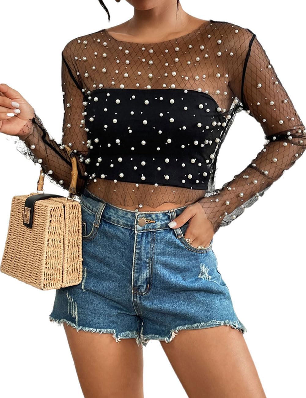 Bsubseach Sheer Swimsuit Coverup for Women Long Sleeve Pearl Cover up ...