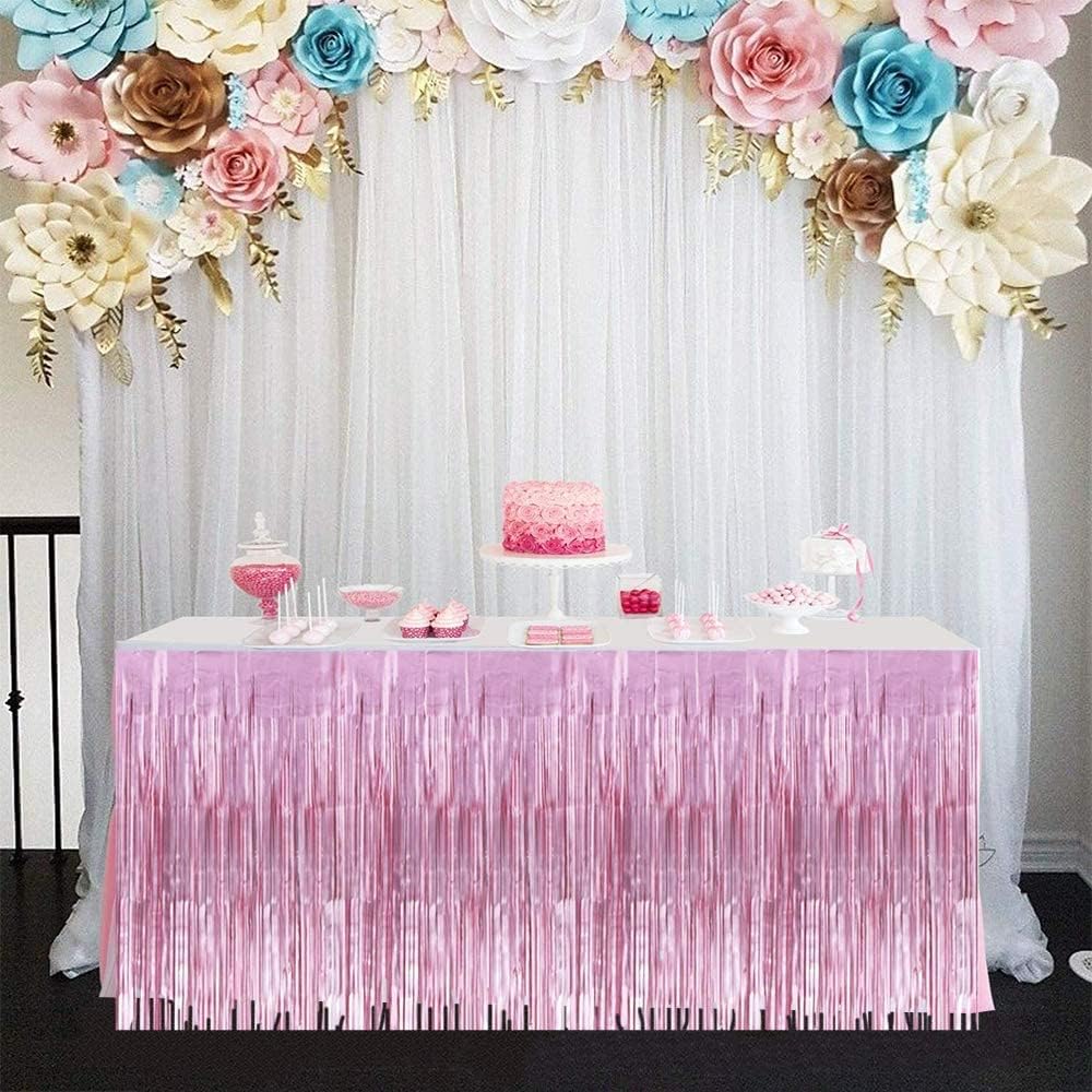 2 Packs Metallic Foil Fringe Table Skirt Pink Tinsel Table Skirt ...