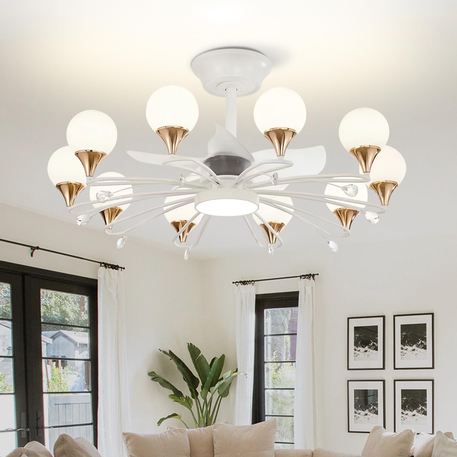 DIGLED White Chandelier Ceiling Fan: 39.4" Sputnik Fandelier with Milky ...