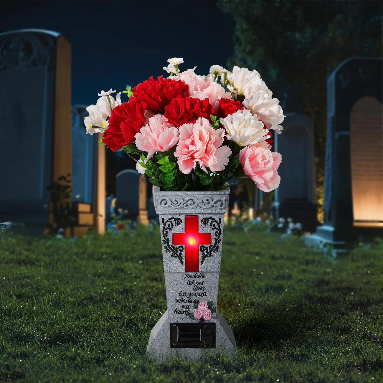 Amazon.com: Lewondr Solar Cemetery Vases for Grave, Cross Grave Flower ...