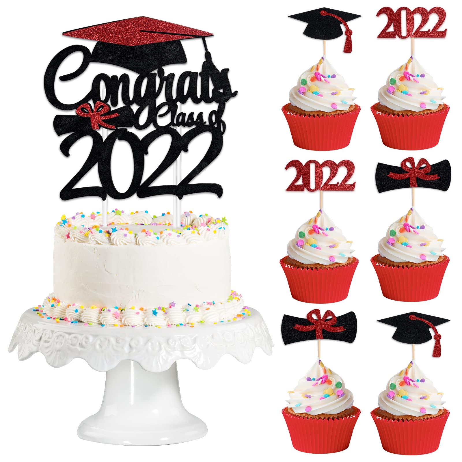 Elecland 2022 Graduation Cake Toppers Glitter 2022 Grad Cupcake Toppers ...