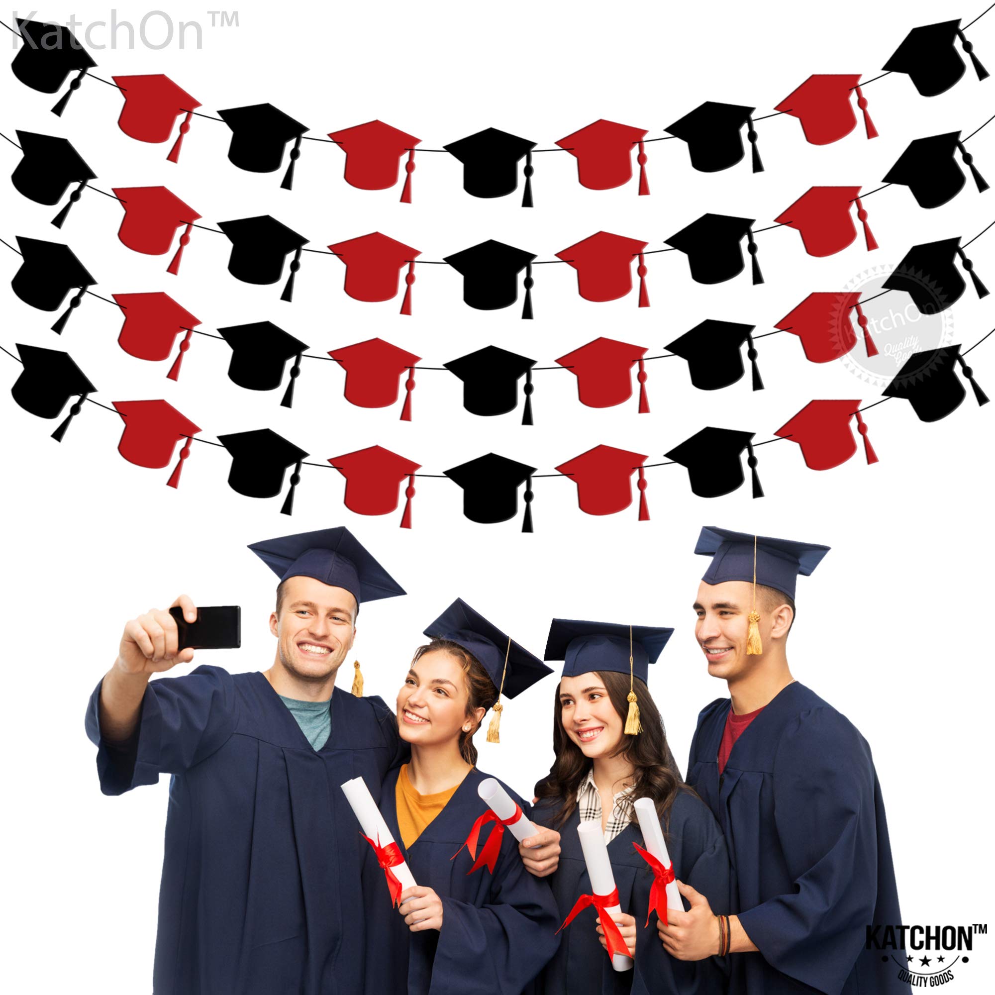 Red And Black Graduation Caps In The Air