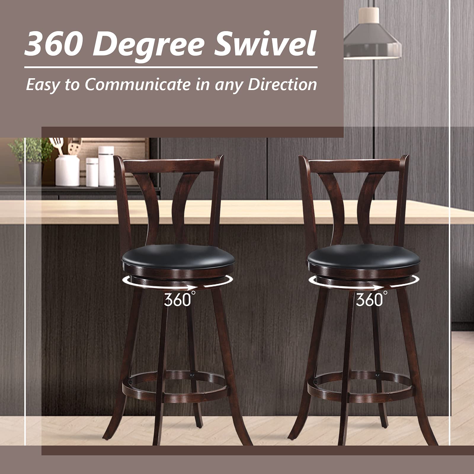 COSTWAY Bar Stools Set of 4, 360-Degree Swivel Stools with Leather ...