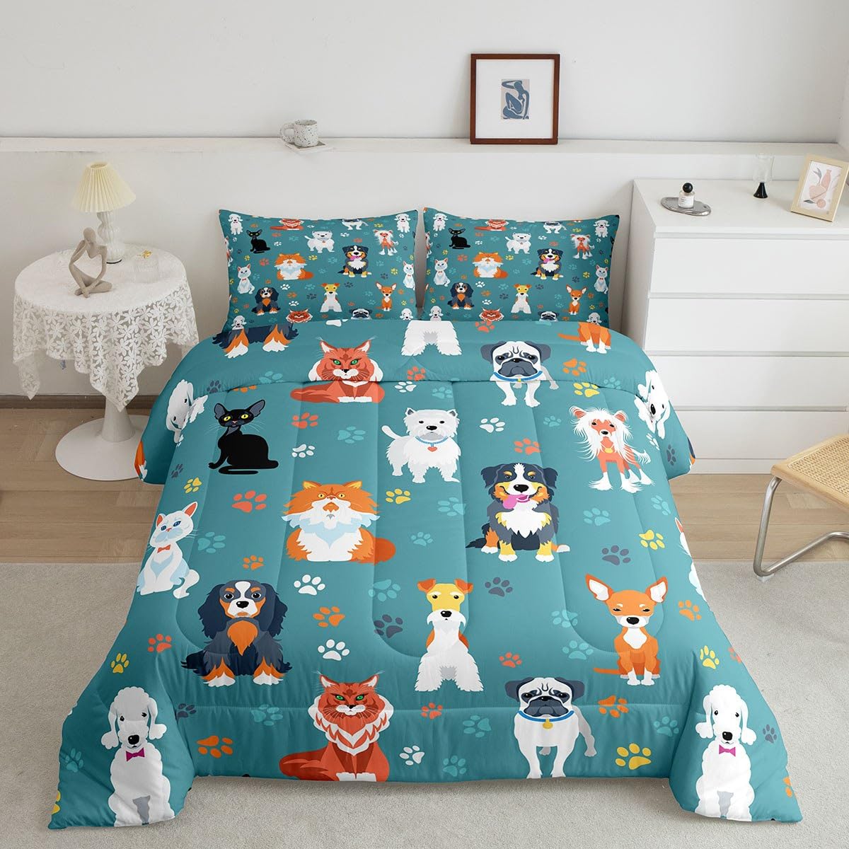 Amazon.com: Cute Dog and Cat Comforter Set Full Size Colorful Puppy Paw ...