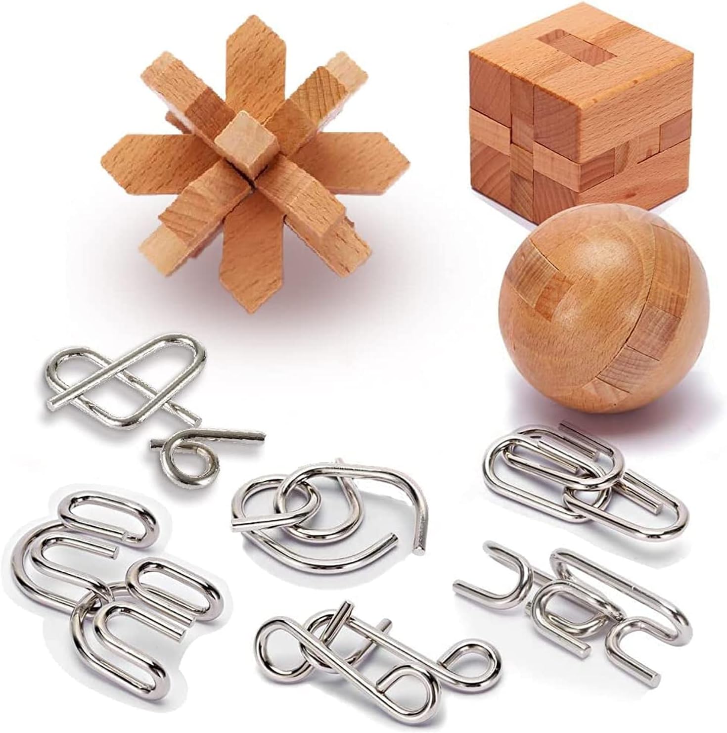 Brain Teaser 9 Pcs Wooden and Metal Puzzles Set for Kids and Adults, 6 ...