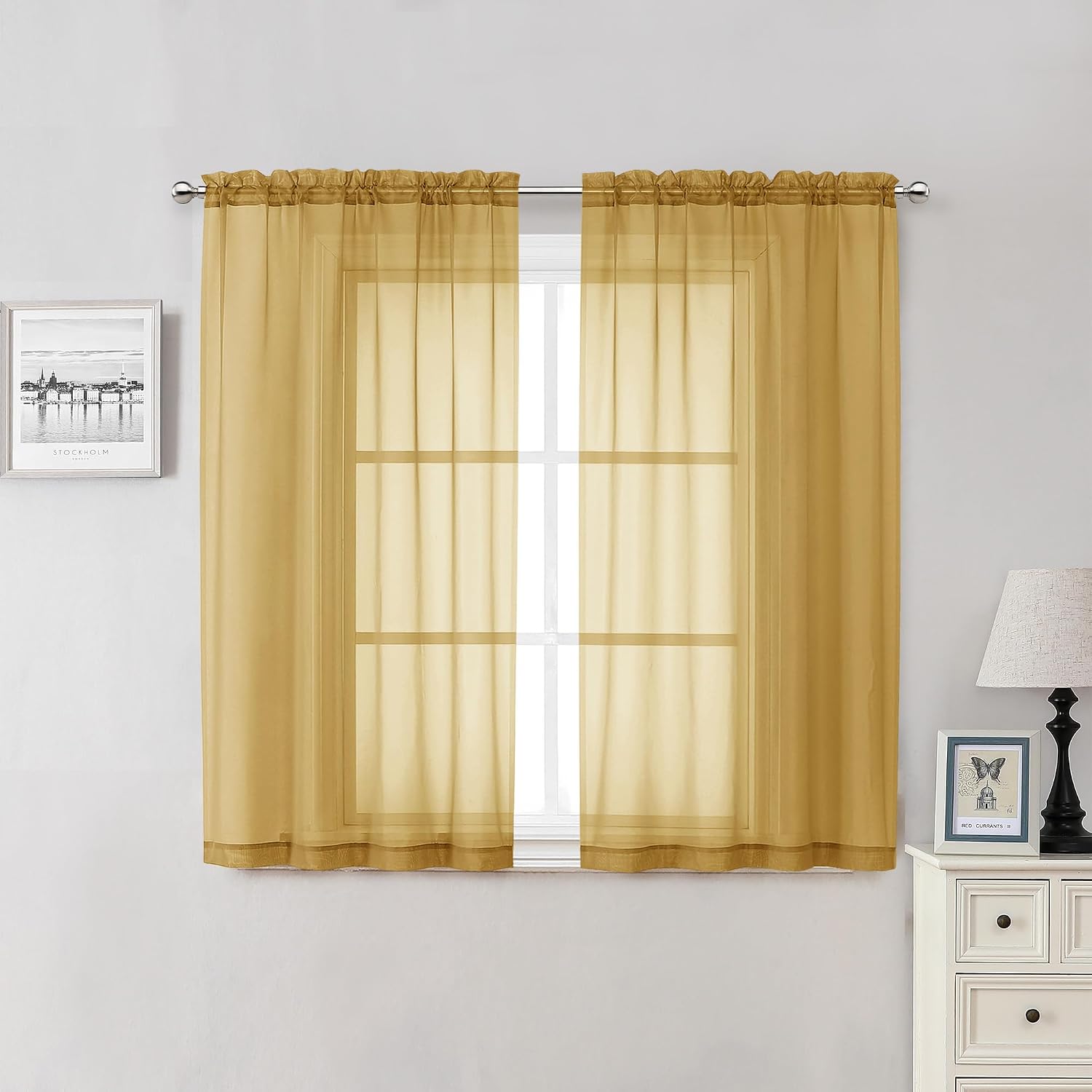 Amazon.com: Lecloud Gold Sheer Curtains 54 Inch Length 2 Panels, Light ...