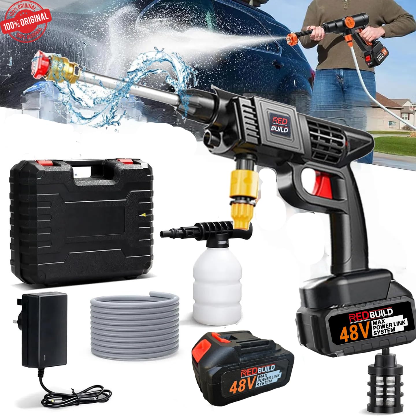 REDBUILD Portable Car Washer High Pressure Pump | 48V Rechargeable Car ...