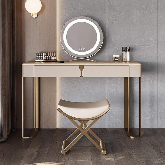 Amazon.com: Large Makeup Table Set with Round Mirror and Adjustable LED ...